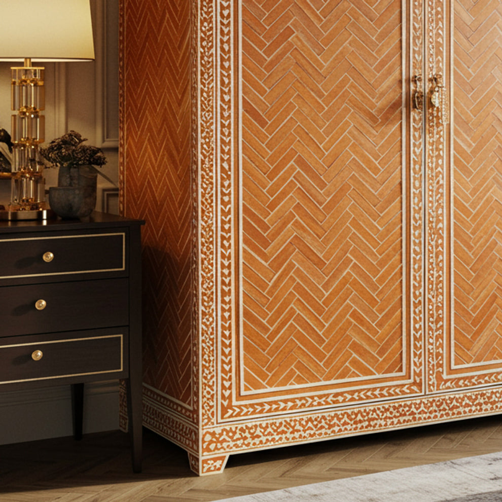 Handcrafted Wooden Wardrobe with Intricate Bone Inlay Design | Luxury ...
