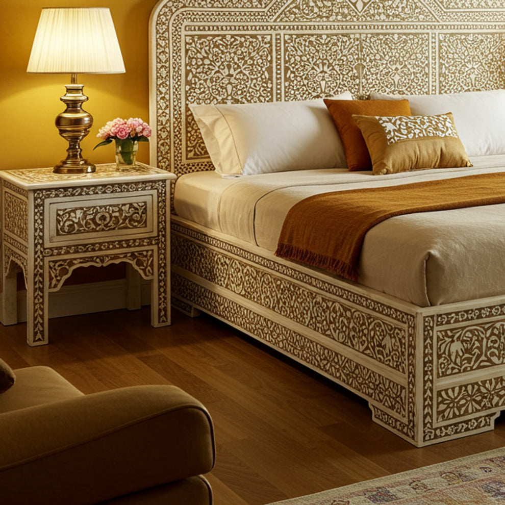 Luxury Handcrafted Bone Inlay King Bed with Matching Nightstands ...