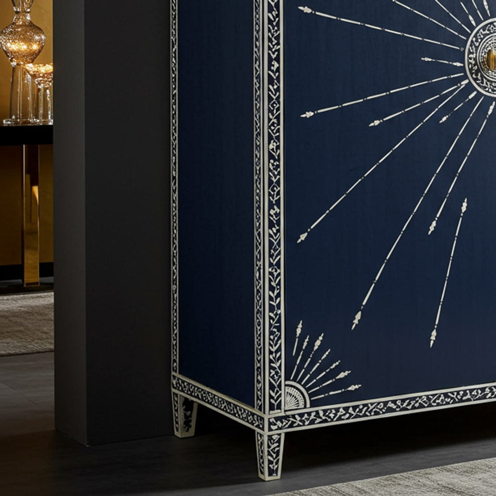 Navy Blue Painted Armoire With Sunburst And Floral Inlay De… – Menthome USA