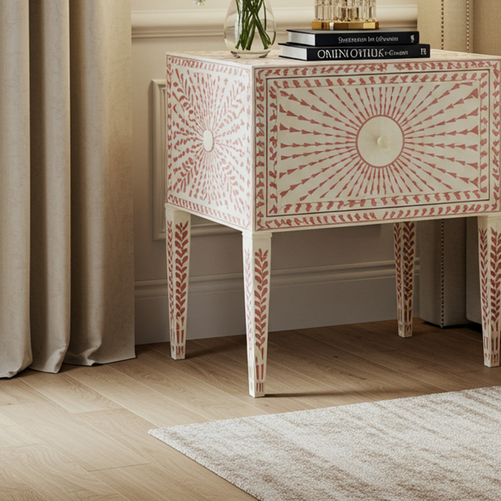 Vintage-Inspired Pink and White Patterned Wooden Nightstand | Luxury H ...