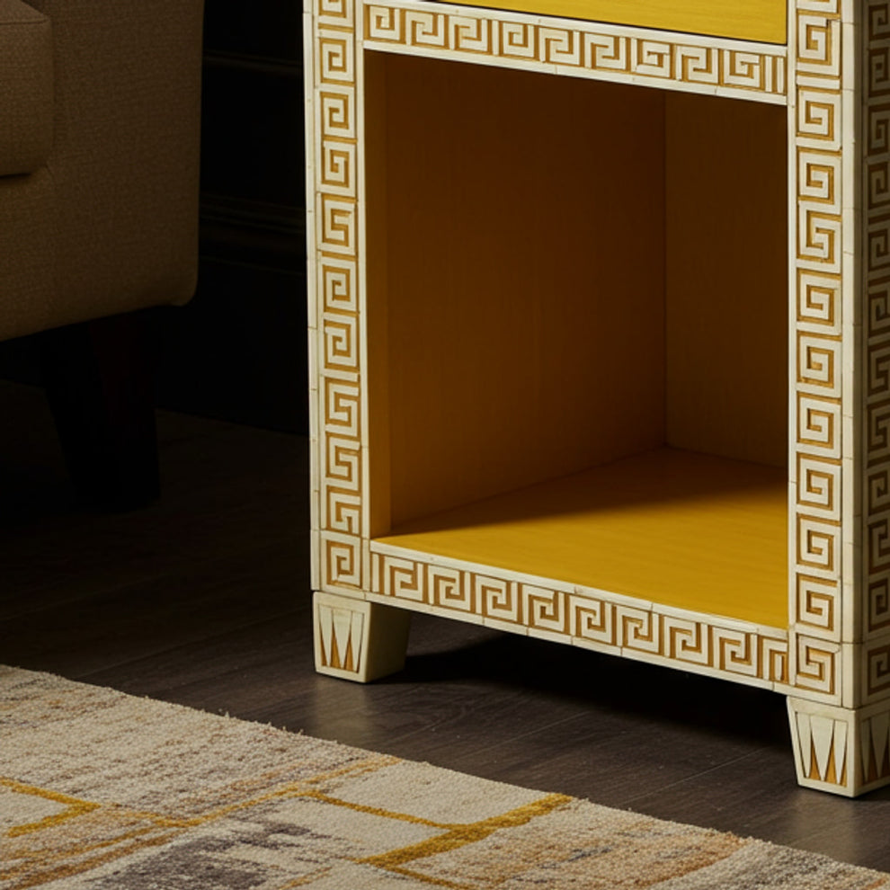 Yellow Wooden Side Table With Drawer And Greek Key Pattern… – Menthome USA